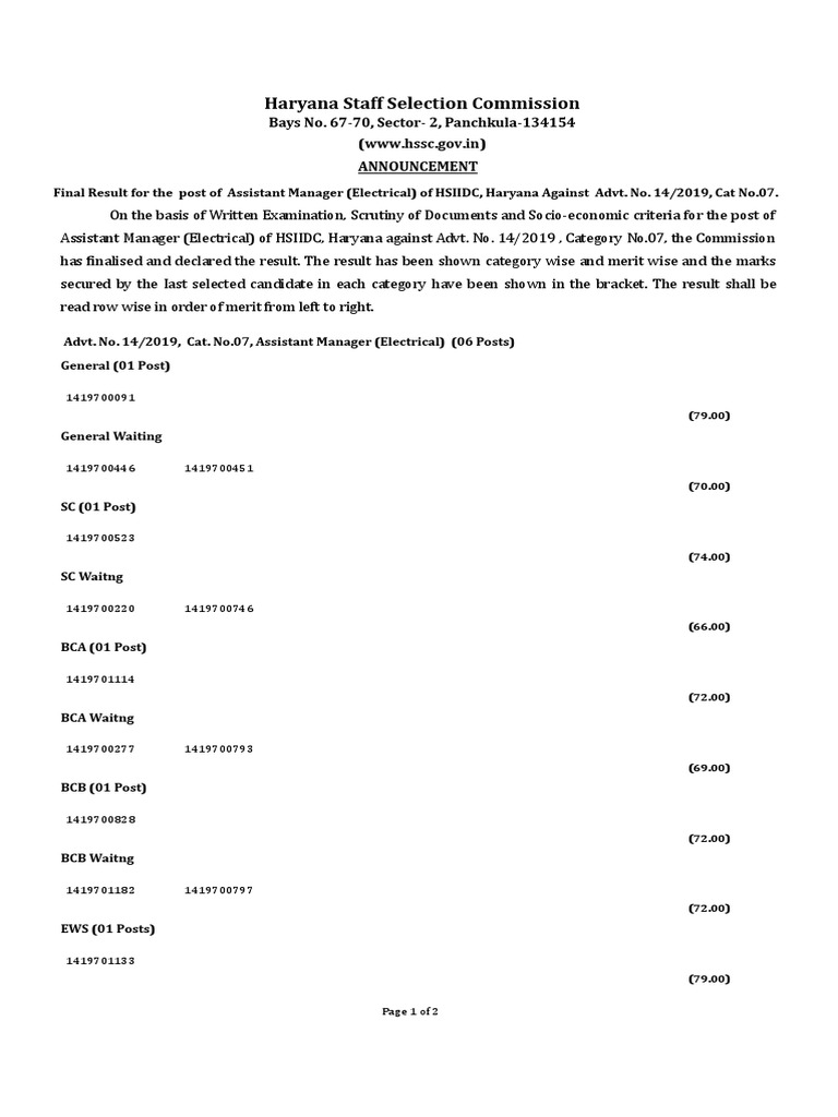 Haryana Staff Selection Commission: (WWW - Hssc.gov - In) Bays No. 67 ...