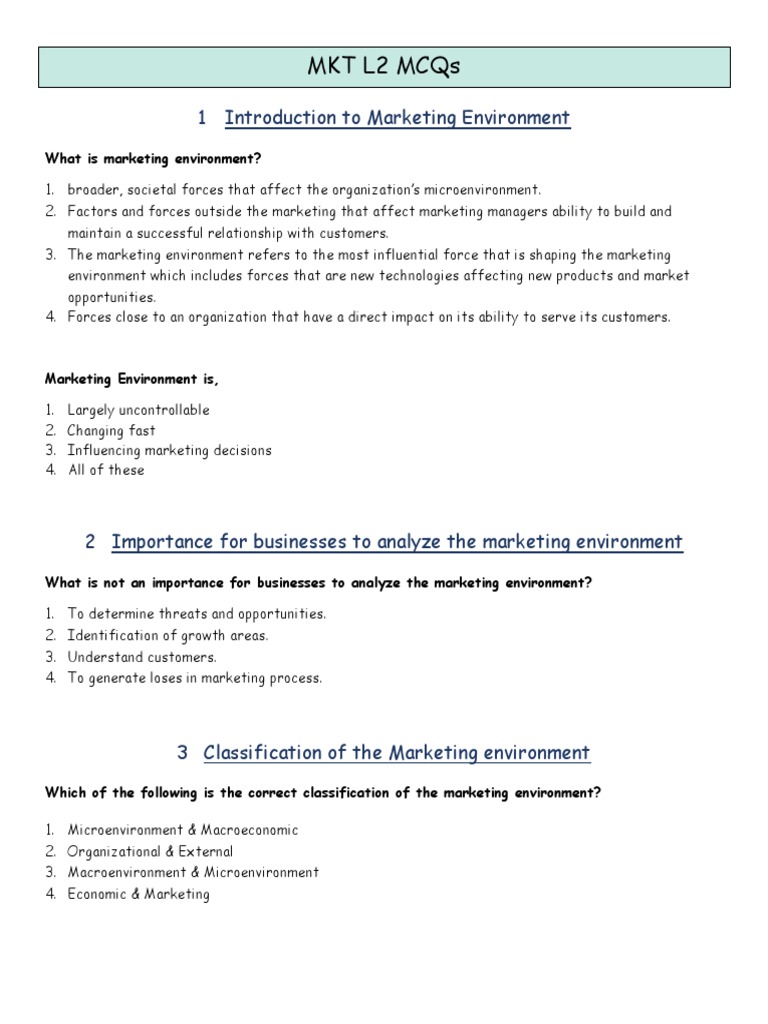 MKT L2 MCQS: 1 Introduction To Marketing Environment | PDF | Marketing ...