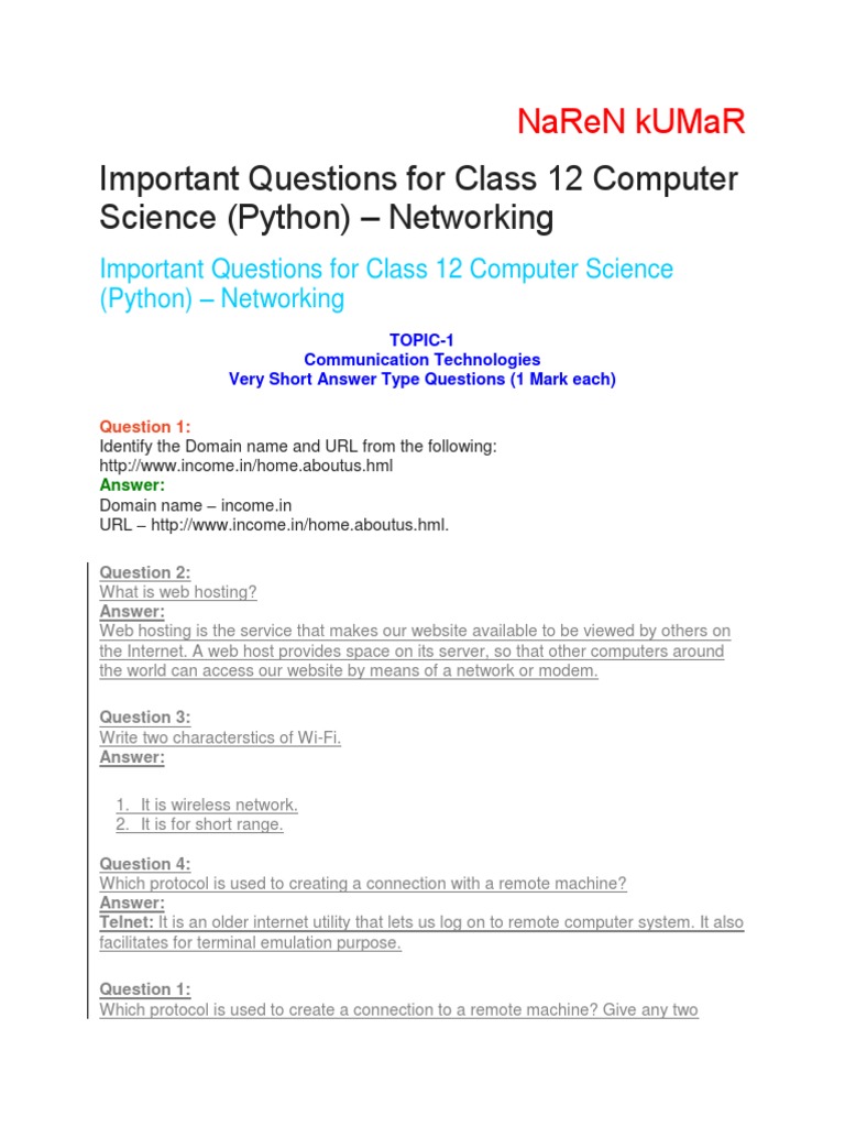 Networking XII Computer Science Question Answer CBSE | PDF | Computer ...