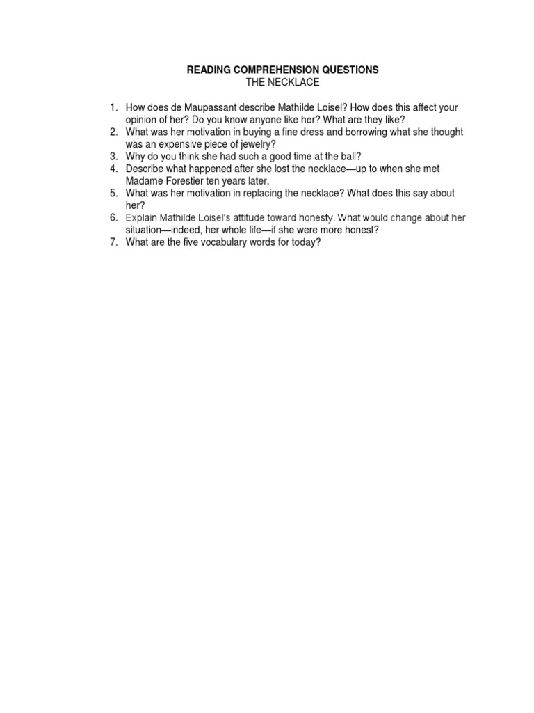 The Necklace (Reading Comprehension) | PDF