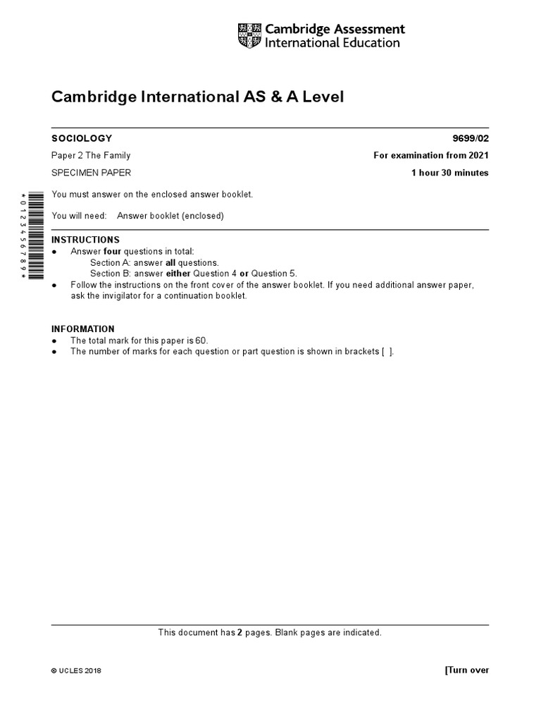 Cambridge International AS & A Level: SOCIOLOGY 9699/02 | PDF