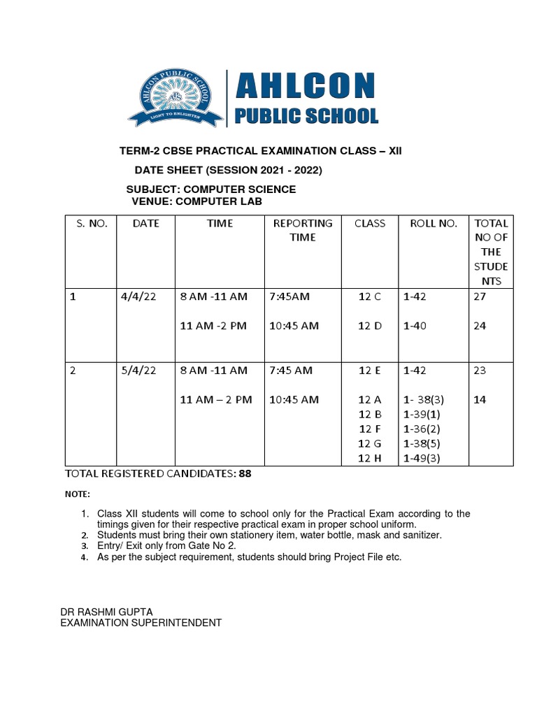 Term-2 Cbse Practical Examination Class - Xii DATE SHEET (SESSION 2021 ...