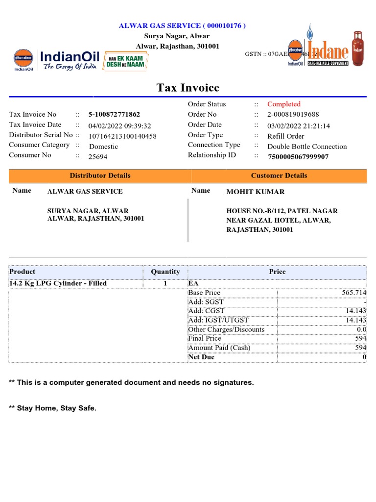Tax Invoice: ALWAR GAS SERVICE (000010176) | PDF | Government Finances ...