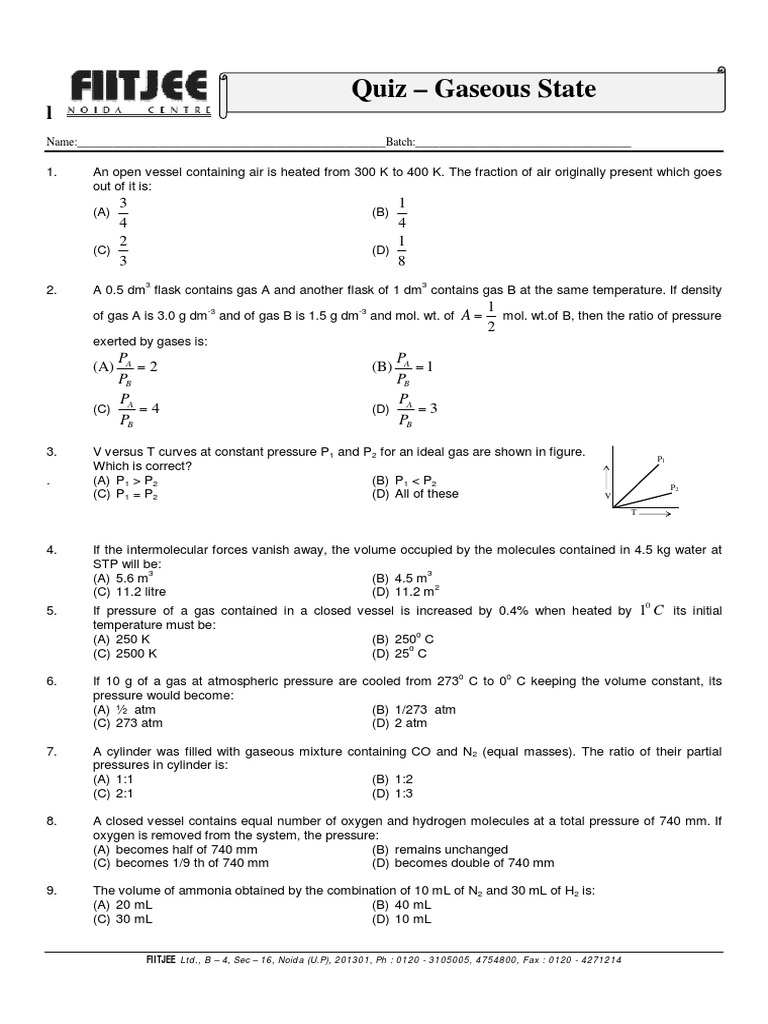Gaseous State - Quiz | PDF | Gases | Pressure