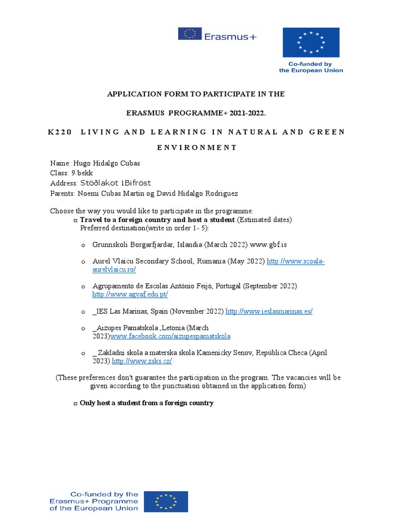 Application Form To Participate in The ERASMUS PROGRAMME+ 2021-2022 ...