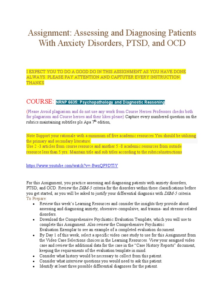 Assignment: Assessing and Diagnosing Patients With Anxiety Disorders ...