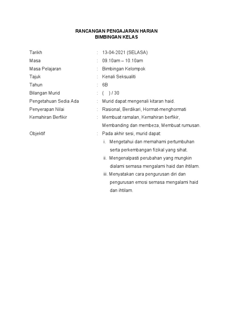 7 RPH A.B Pendidikan Seks PERIOD - 6B (13-04-2021) | PDF