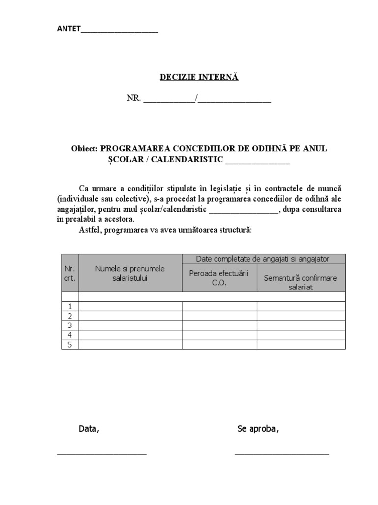 1.6. Model Decizie Programare Concedii de Odihna | PDF