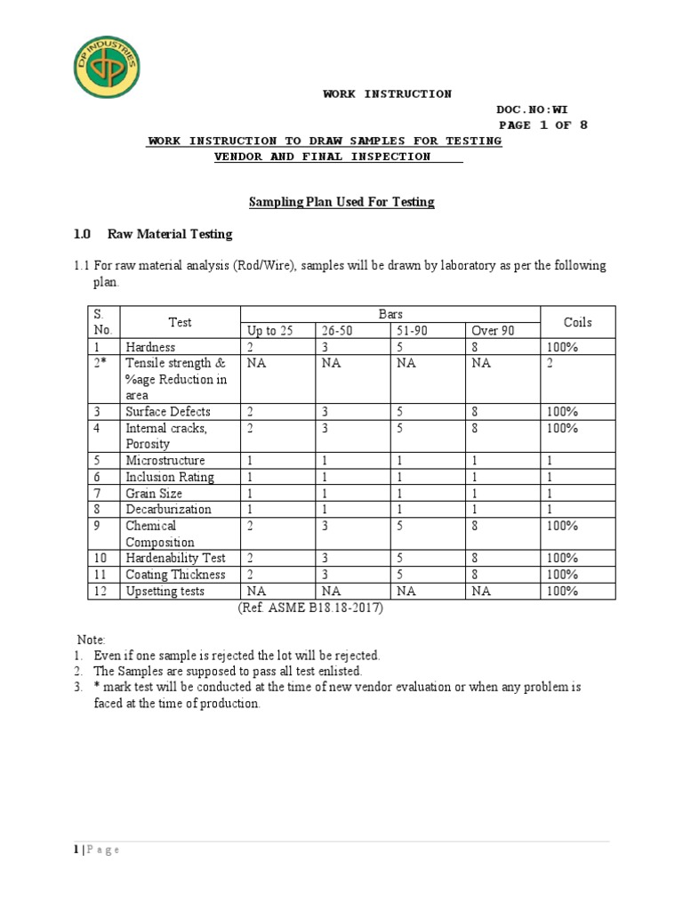 Sampling Plan | PDF | Screw | Materials Science