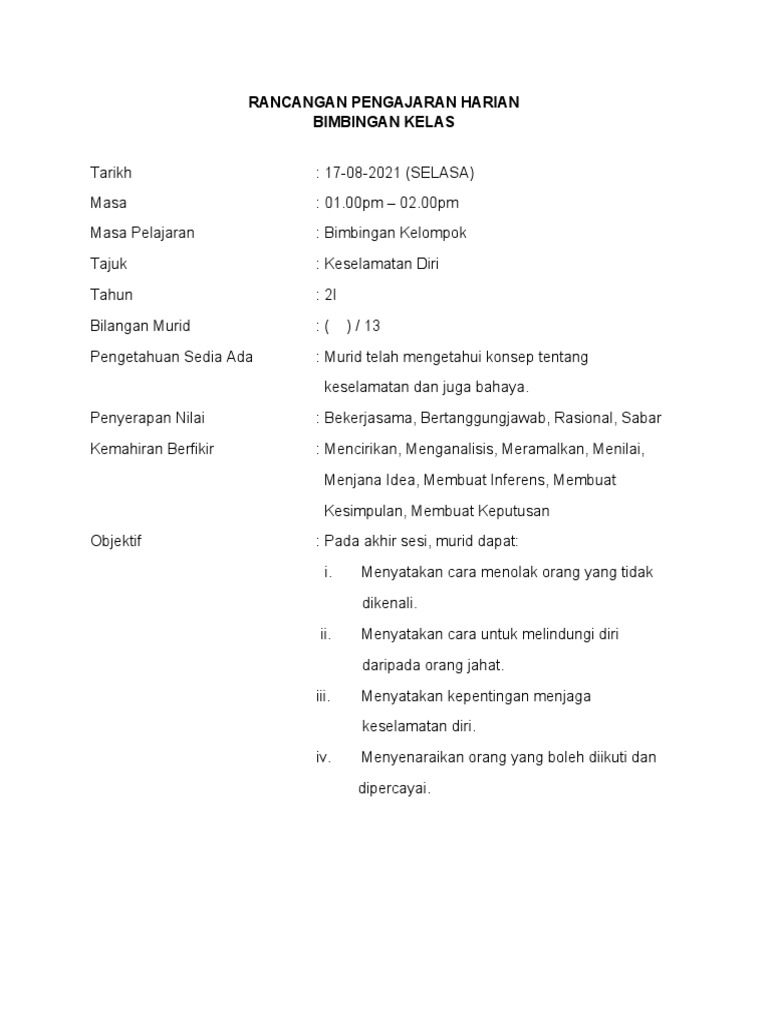 13 RPH A.B Keselamatan Diri - 2I (17!08!2021) | PDF