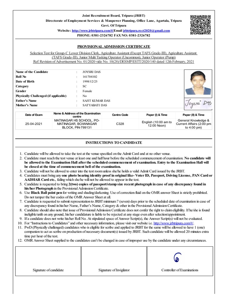 Date of Exam Name & Address of The Examination Centre Centre Code Paper ...
