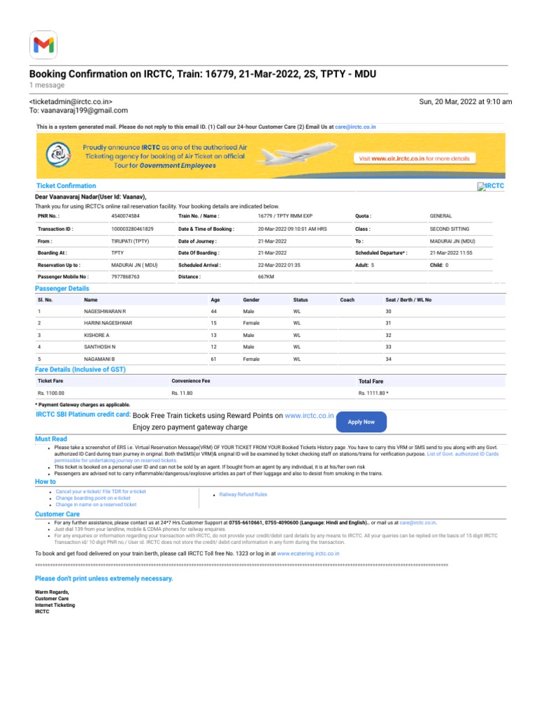 Booking Confirmation On IRCTC, Train: 16779, 21-Mar-2022, 2S, TPTY ...