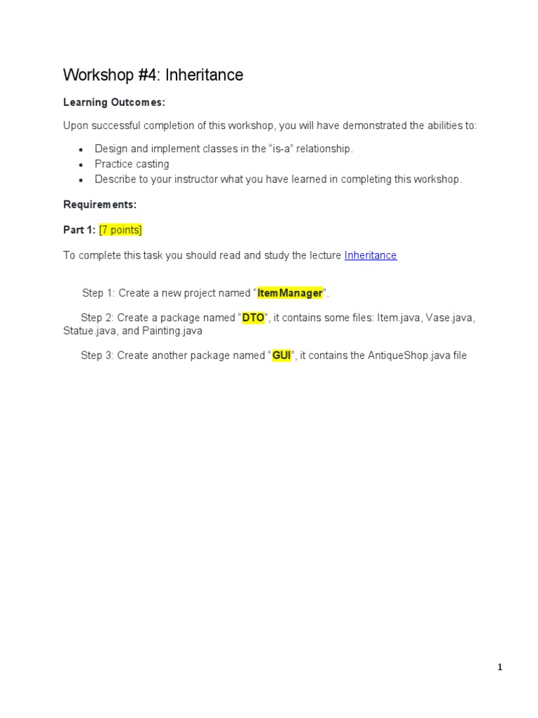 Workshop #4: Inheritance: Learning Outcomes | PDF | Java (Programming ...