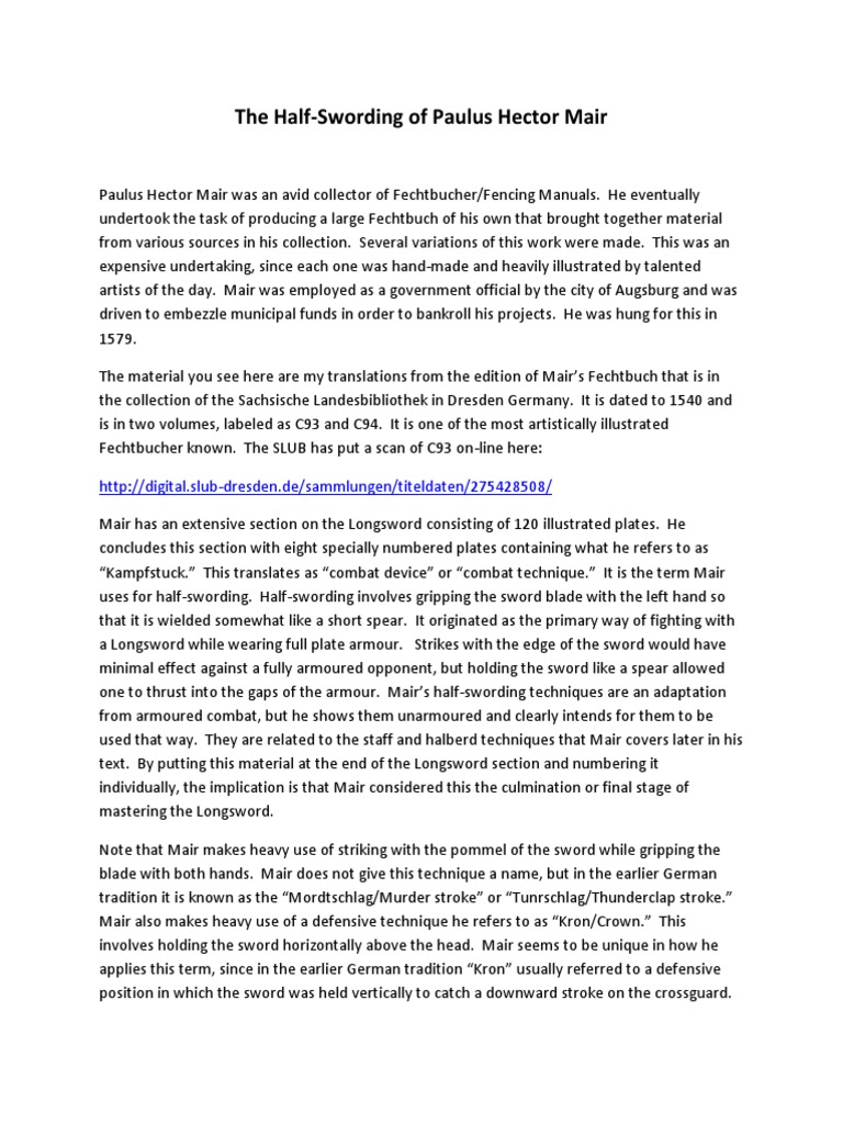 The Half-Swording of Paulus Hector Mair | PDF | Sword | Melee Weapons