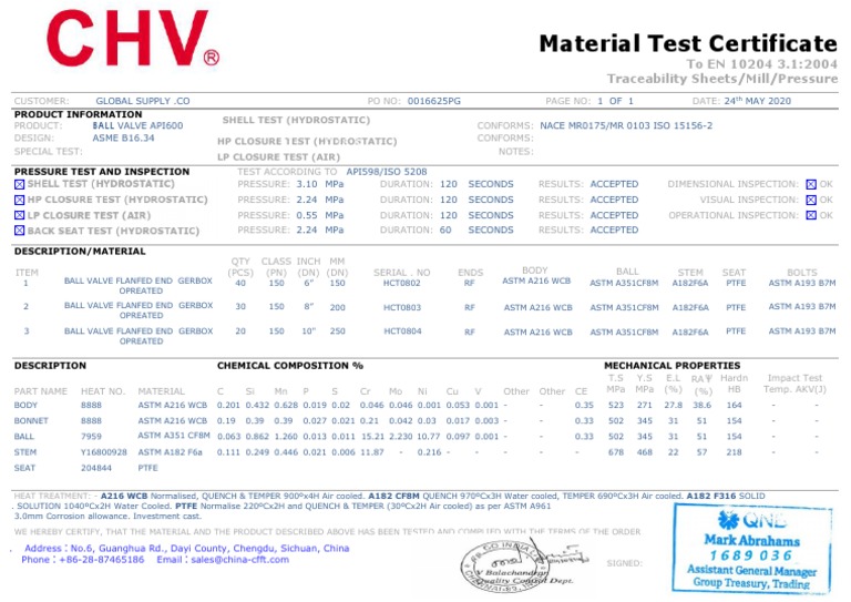 Material Test Certificate: To EN 10204 3.1:2004 Traceability Sheets ...