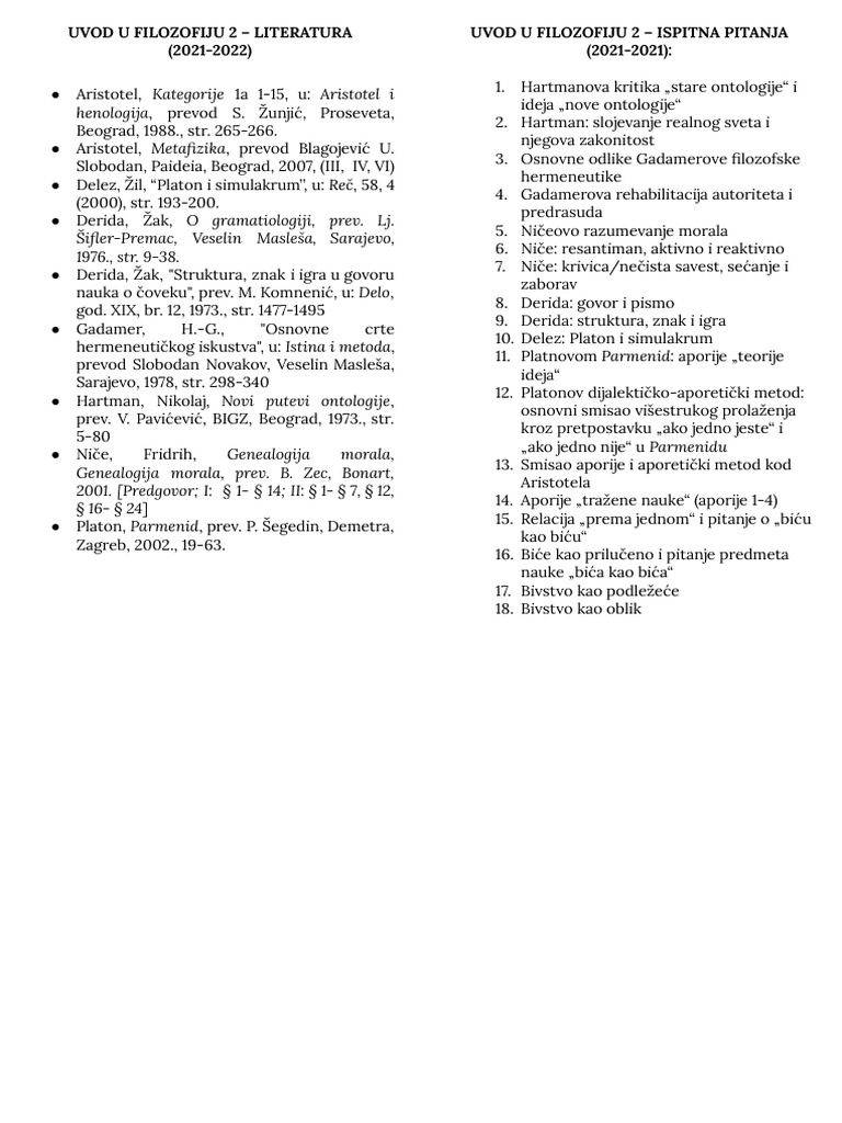 Uvod U Filozofiju 2 (2021-2022) - Literatura I Ispitna Pitanja | PDF