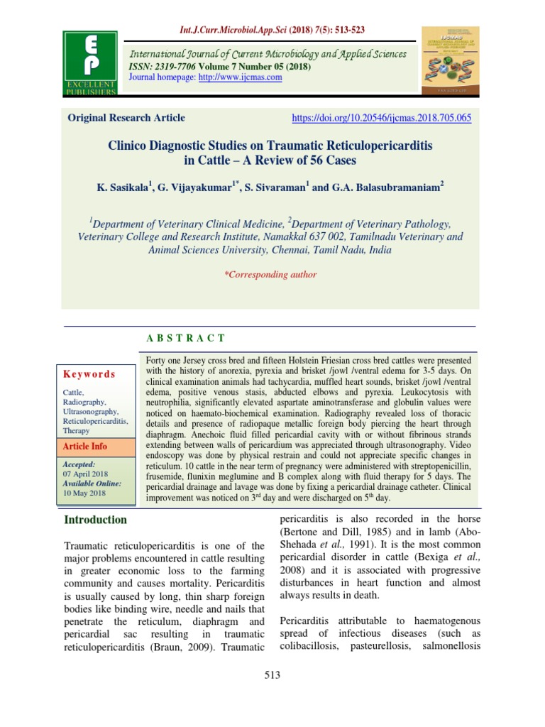 Clinico Diagnostic Studies On Traumatic Reticulopericarditis in Cattle ...