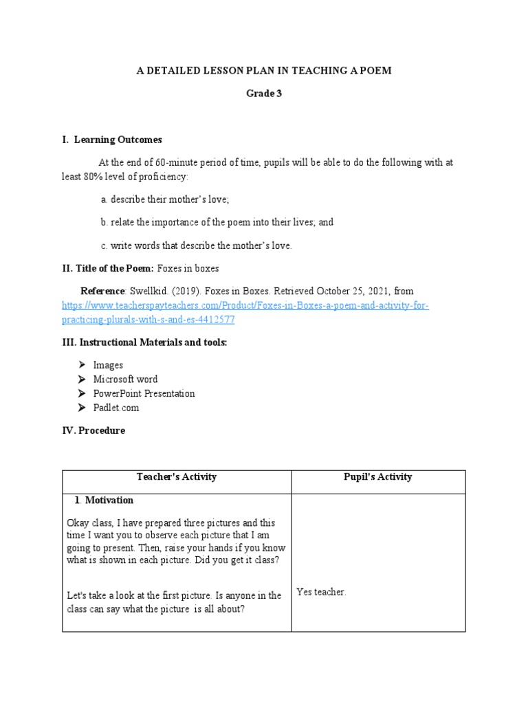A Detailed Lesson Plan in Teaching A Poem Grade 3: Practicing-Plurals ...