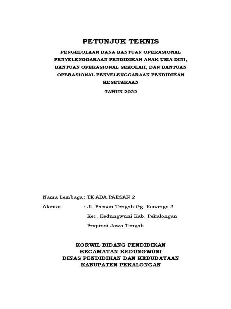 Cover Juknis BOP 2022 TK Kec. Kedungwuni | PDF