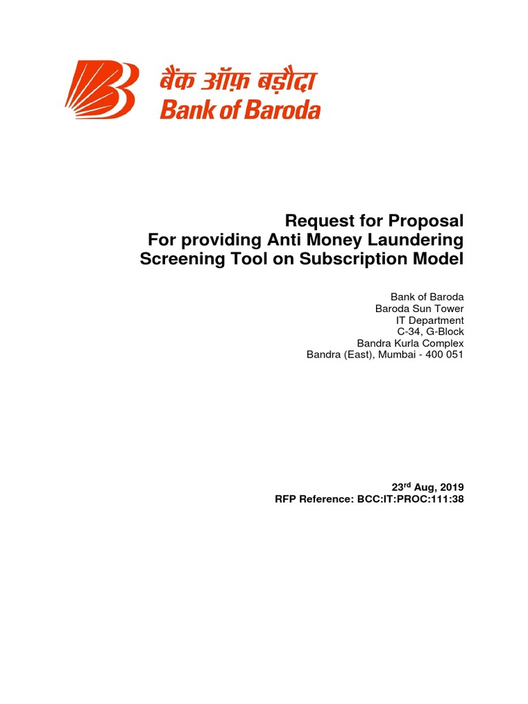 1 - RFP For AML Screening Tool Final | PDF | Request For Proposal | Taxes