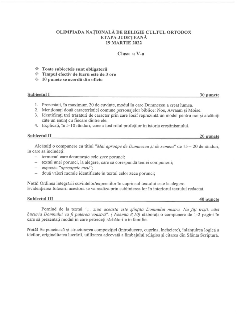 Subiecte Si Bareme Olimpiada Religie 2022 | PDF