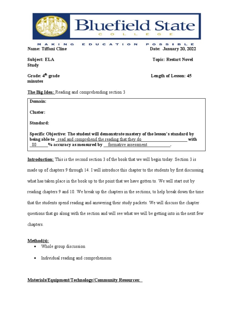 Reading Lesson Plan | PDF | Reading Comprehension | Cognition