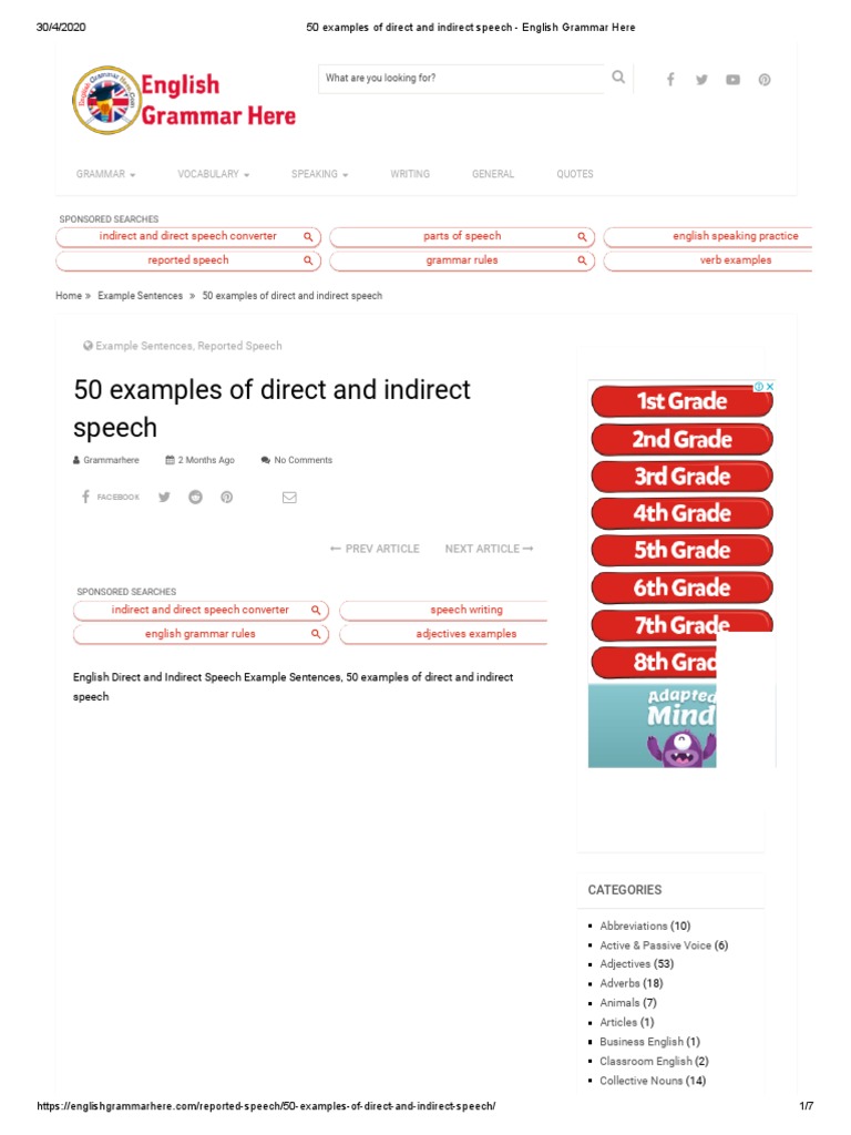 50 Examples of Direct and Indirect Speech - English Grammar Here | PDF ...