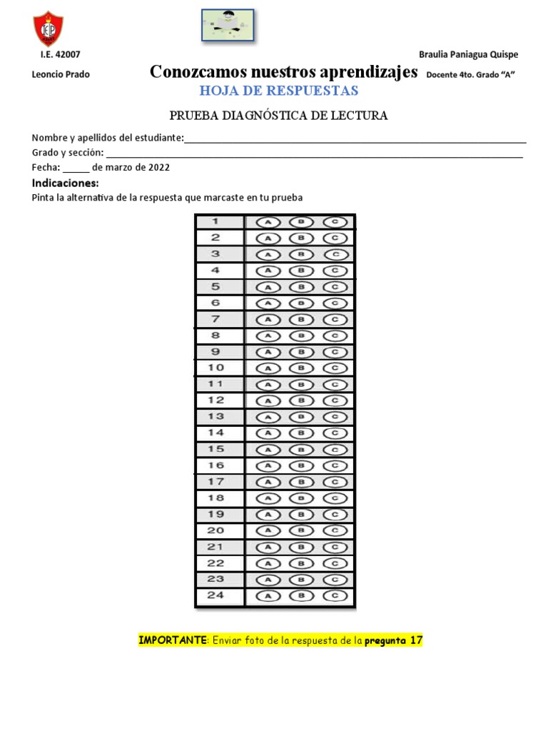 Hoja de Respuesta de Lectura Cuarto Grado | PDF