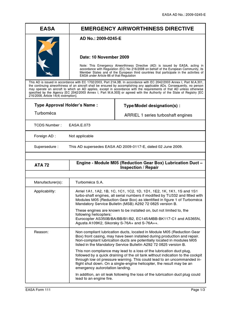 Easa Emergency Airworthiness Directive: AD No.: 2009-0245-E | PDF ...