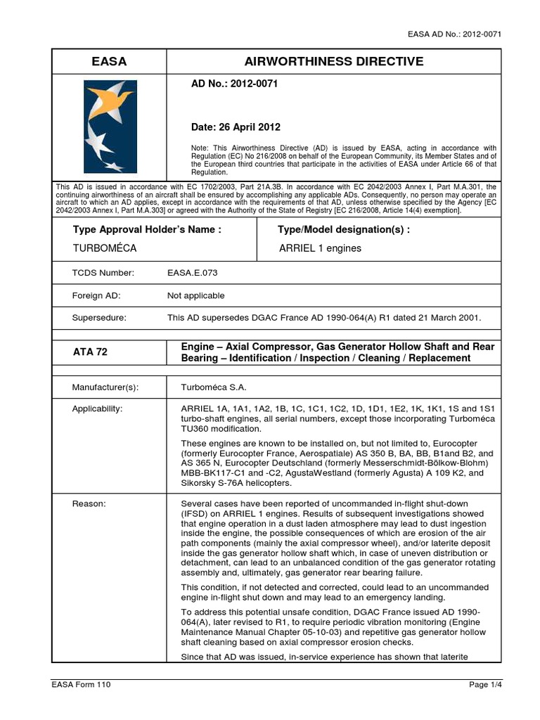 Easa Airworthiness Directive: AD No.: 2012-0071 | PDF | Aviation