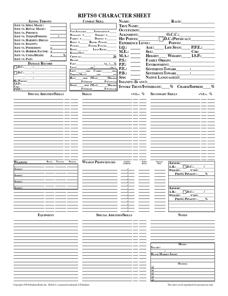 Rifts Character Sheet(f) | Leisure Activities | Tabletop Games