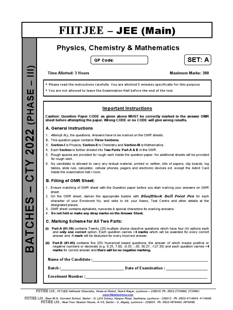 FIITJEE JEE (Main) Physics, Chemistry & Mathematics QP Code: SET A ...