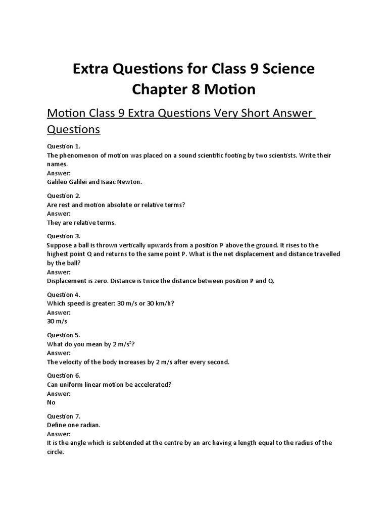 Extra Questions Chapter 8 Motion | PDF | Velocity | Acceleration