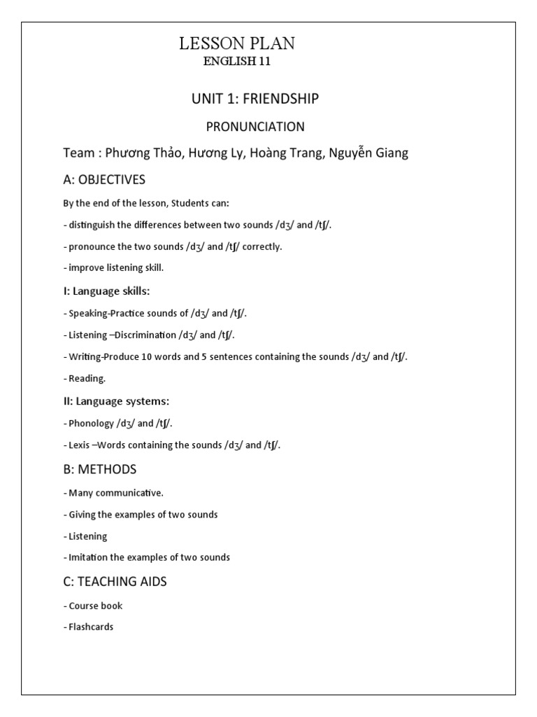 Lesson Plan: Unit 1: Friendship | PDF | Lesson Plan | Consonant