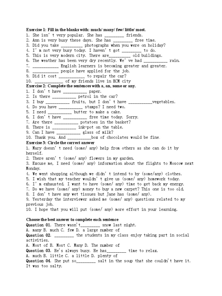 Exercise 1: Fill in The Blanks With: Much/ Many/ Few/ Little/ Most | PDF