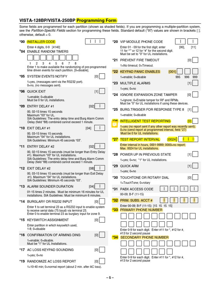 Vista 128BP Programming Guide | PDF | Telephone Number | Electronics