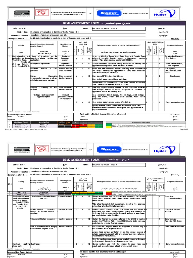 RISK ASSESSMENT FORM - رــــطاخملــا ـمييقــت جذوــمــن | PDF | Safety ...