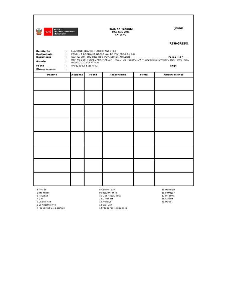 Carta #004 Pago de Informe Liquidacion de Obra (20%) Ok | PDF