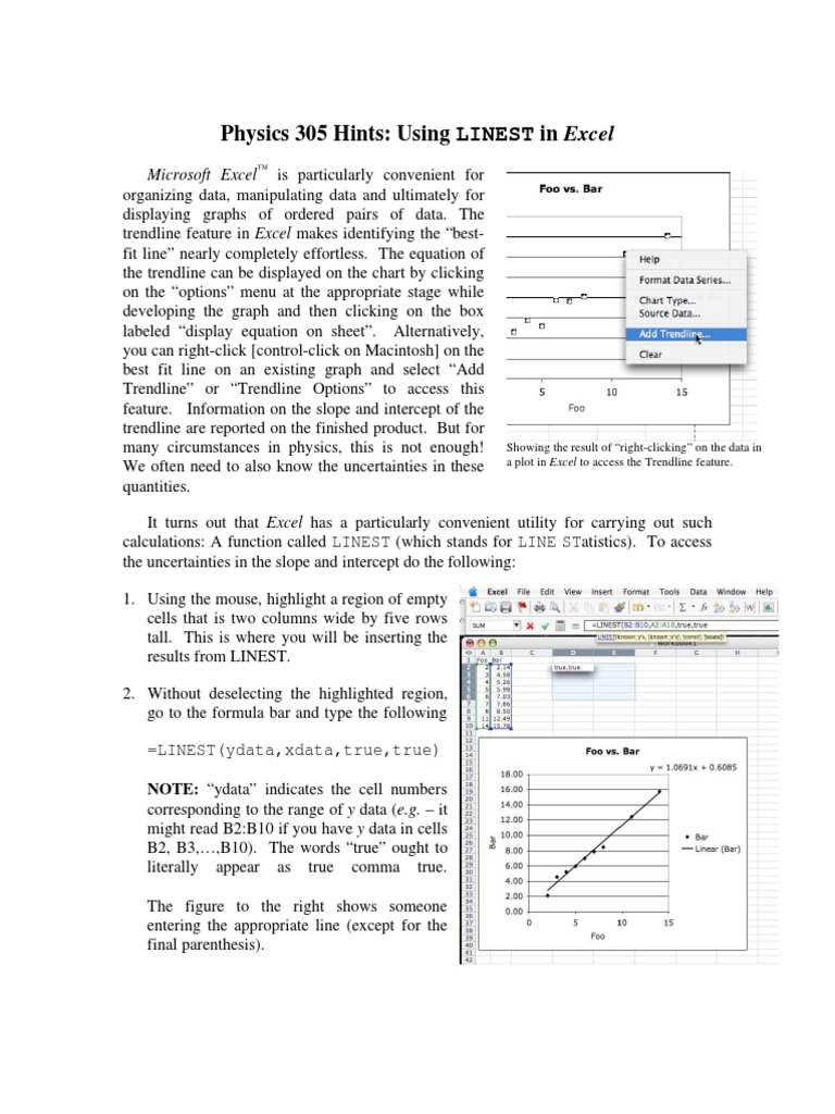 Physics 305 Hints: Using LINEST in Excel | PDF | Microsoft Excel | Mathematics
