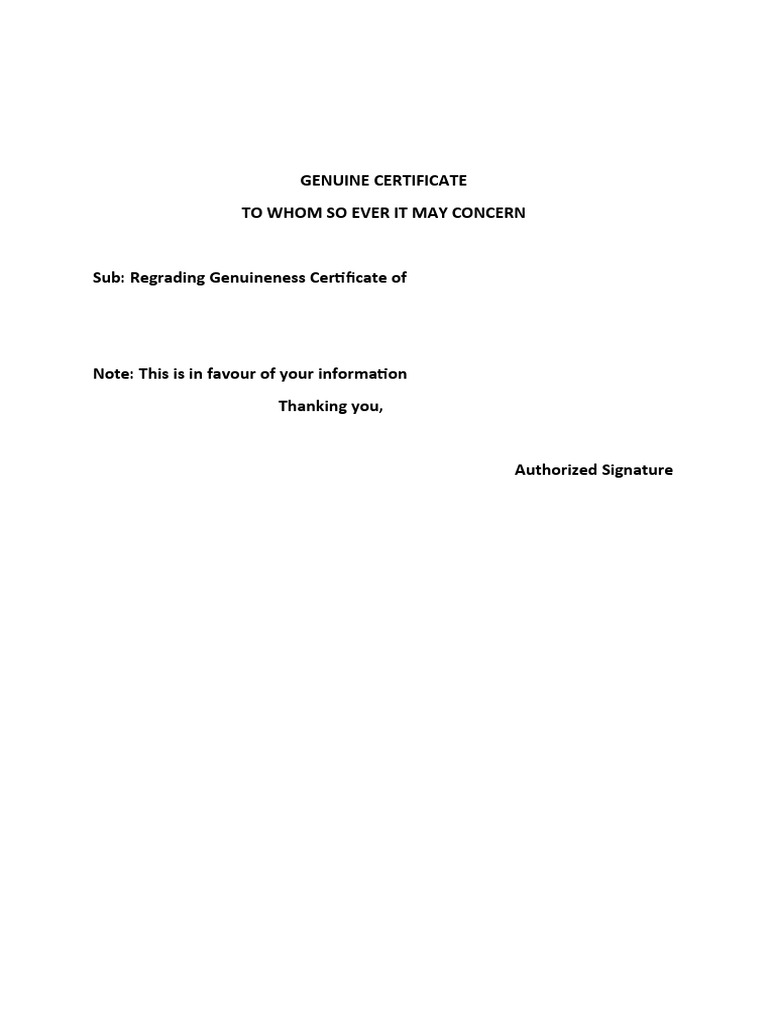 Genuineness Certificate Format Guide | PDF