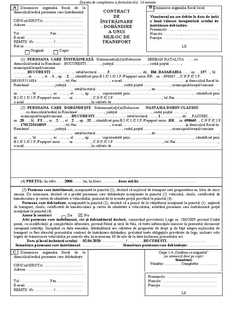 Contract de Vanzare Cumparare | PDF