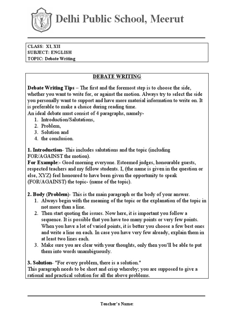 Delhi Public School, Meerut: Class: Xi, Xii Subject: English TOPIC ...