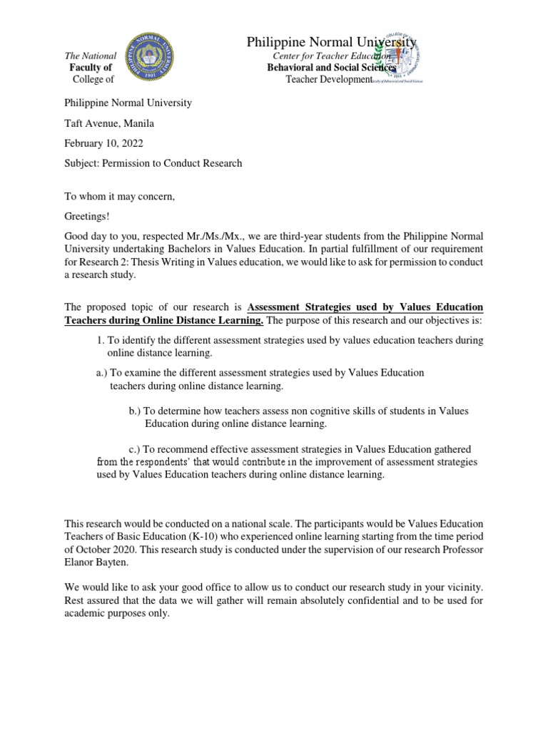 Letter of Approval To Conduct Research | PDF | Educational Assessment ...