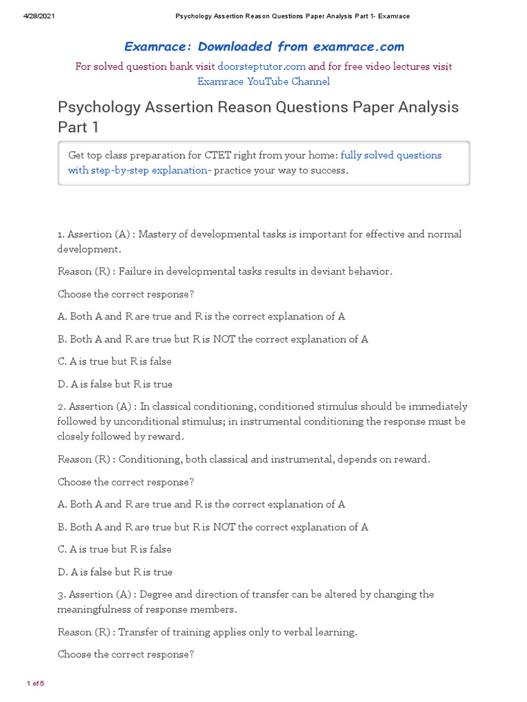 Psychology Assertion Reason Questions Paper Analysis Part 1 | PDF ...