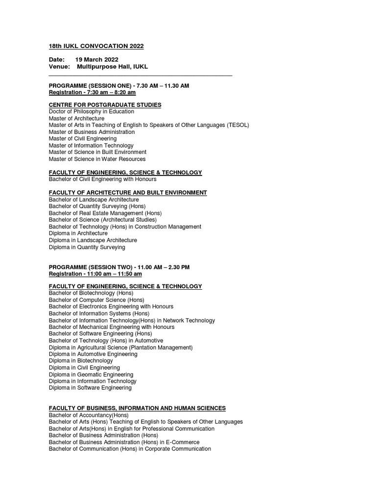 18Th Iukl Convocation 2022 Date: 19 March 2022 Venue: Multipurpose Hall ...
