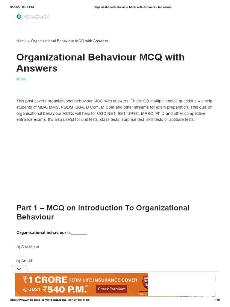 Organizational Behaviour MCQ With Answers - Indiaclass | PDF ...