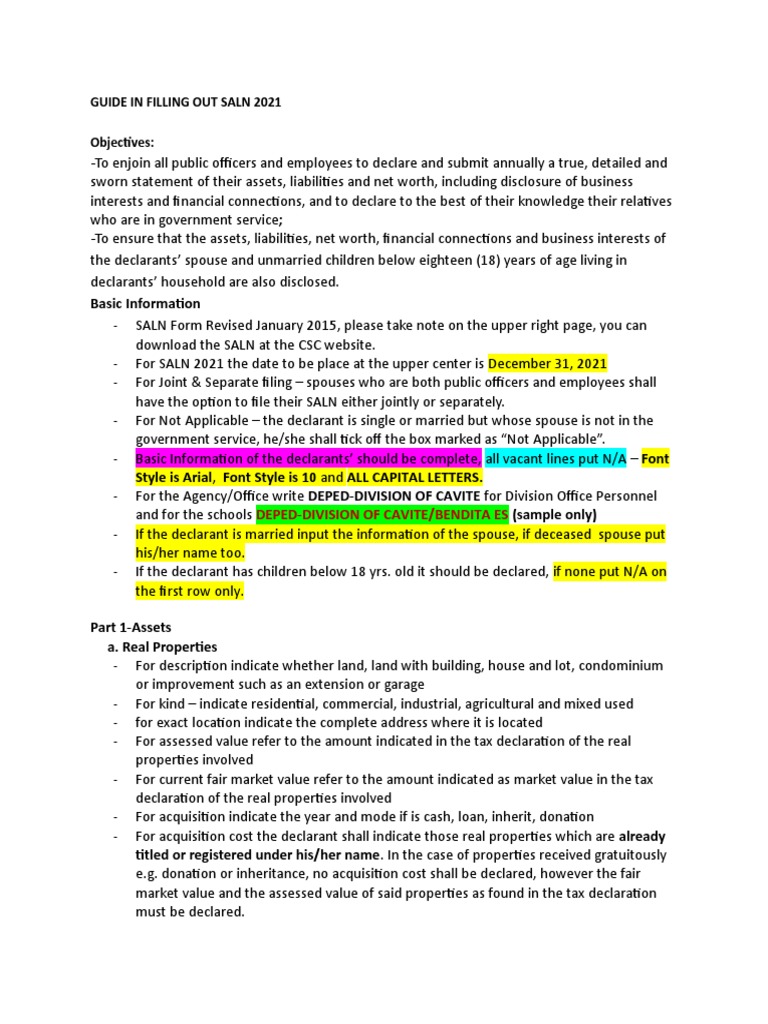 SALN 2021 Filling Guide for Teachers | PDF | Interest | Property