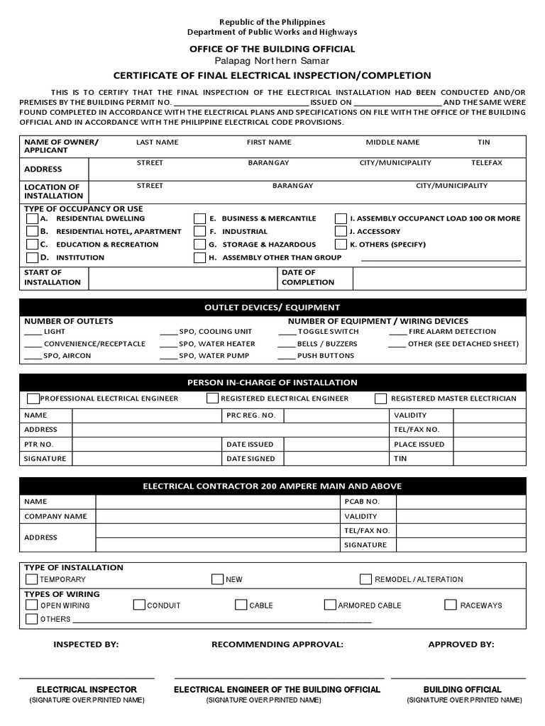 Final Electrical Inspection Certificate | PDF | Electrical Wiring ...