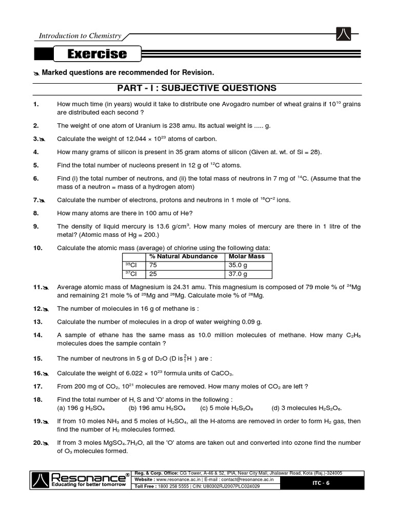 Part - I: Subjective Questions: Introduction To Chemistry | PDF | Gases ...