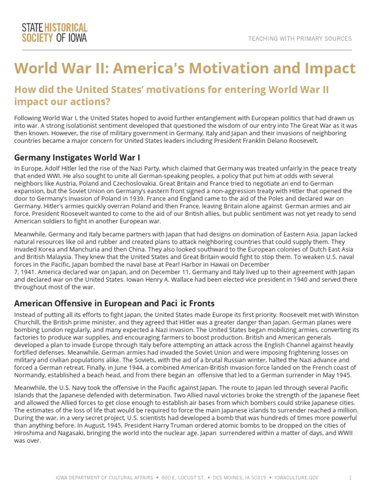 World War II. America's Motivation and Impact Author Iowa Department of ...